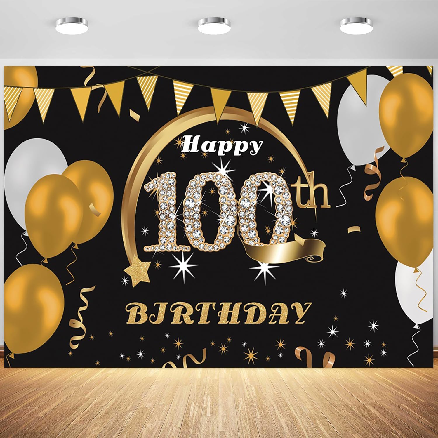 10x8ft Happy 100th Birthday Backdrop for Adults Black Gold Balloons ...