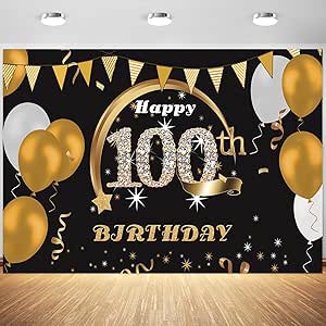 10x8ft Happy 100th Birthday Backdrop for Adults Black Gold Balloons ...