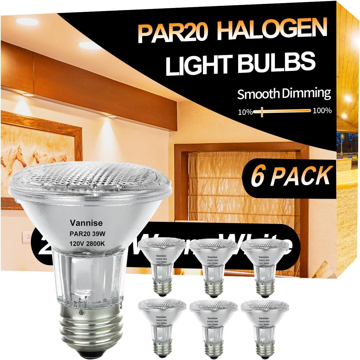 Vannise PAR20 Flood 39W 120V 480 Lumens, 6pcs High Output PAR20 Halogen ...