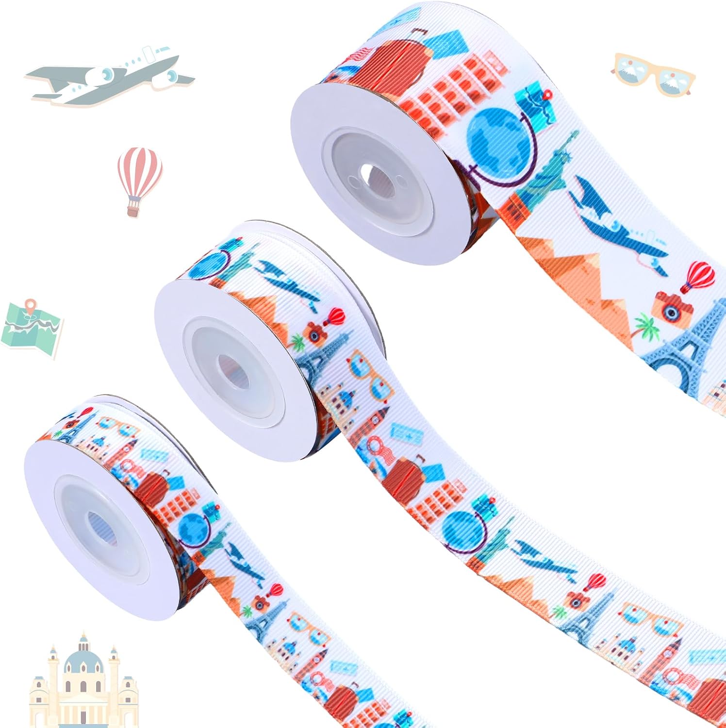 Amazon.com: 3 Roll 15 Yards Travel Theme Grosgrain Ribbon 3 Sizes ...