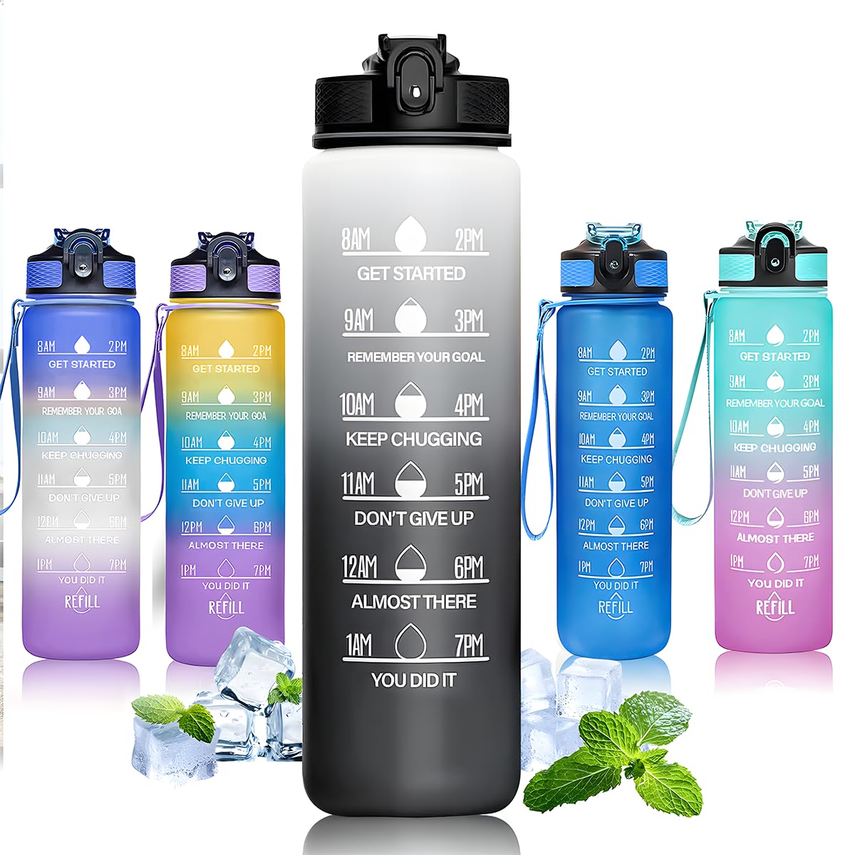 VegiMax 1L Sports Water Bottle with Straw Time markings, handle and ...