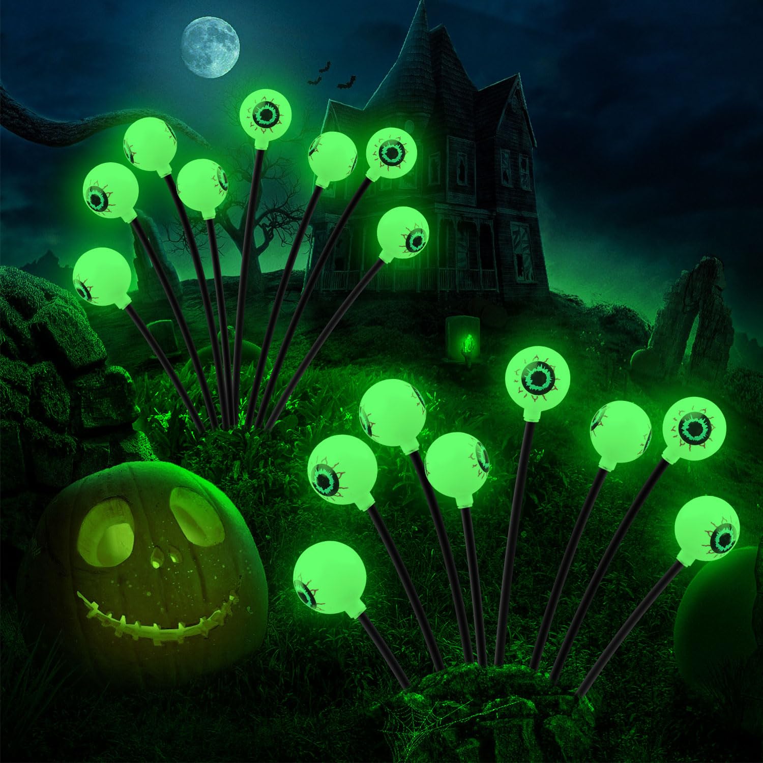 Halloween Solar Lights Outdoor, 2 Pack 16 LEDs Green Scary Eyeball ...