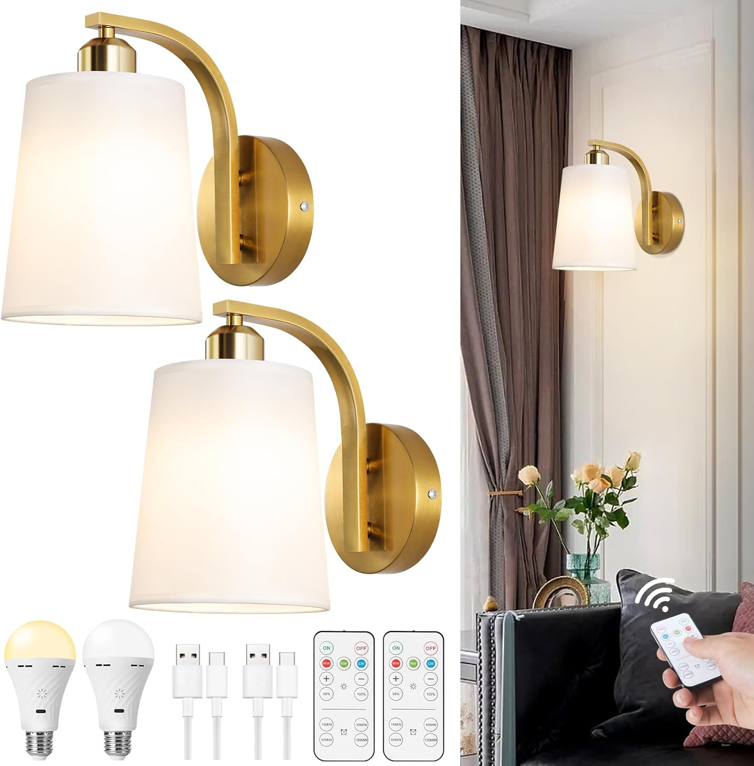 HOJOYRI Gold Battery Operated Wall Sconces Set of 2, Rechargeable ...