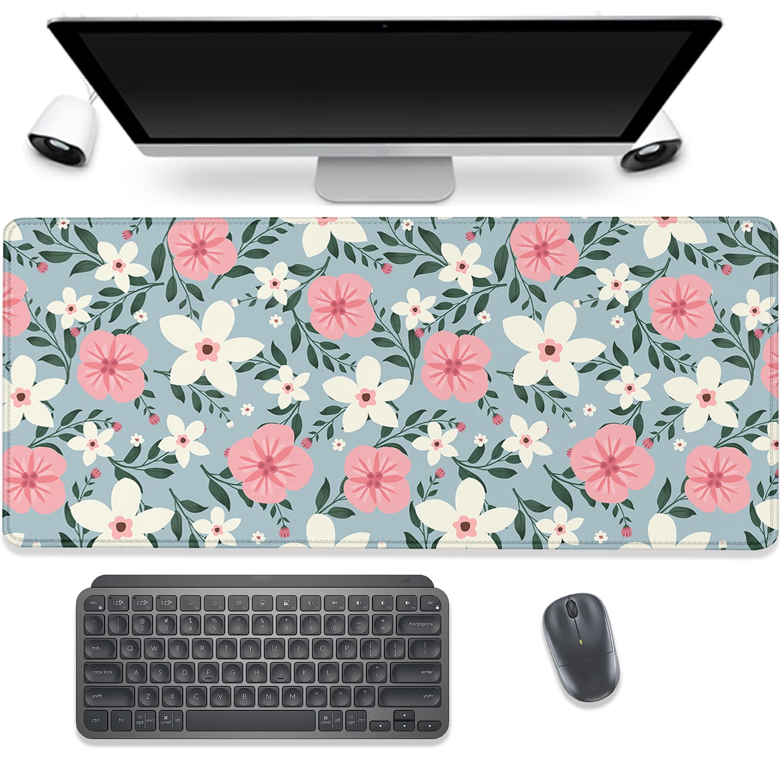 Amazon.com : PBLJMJ Retro White Pink Flowers Desk Pad Mouse Pad ...