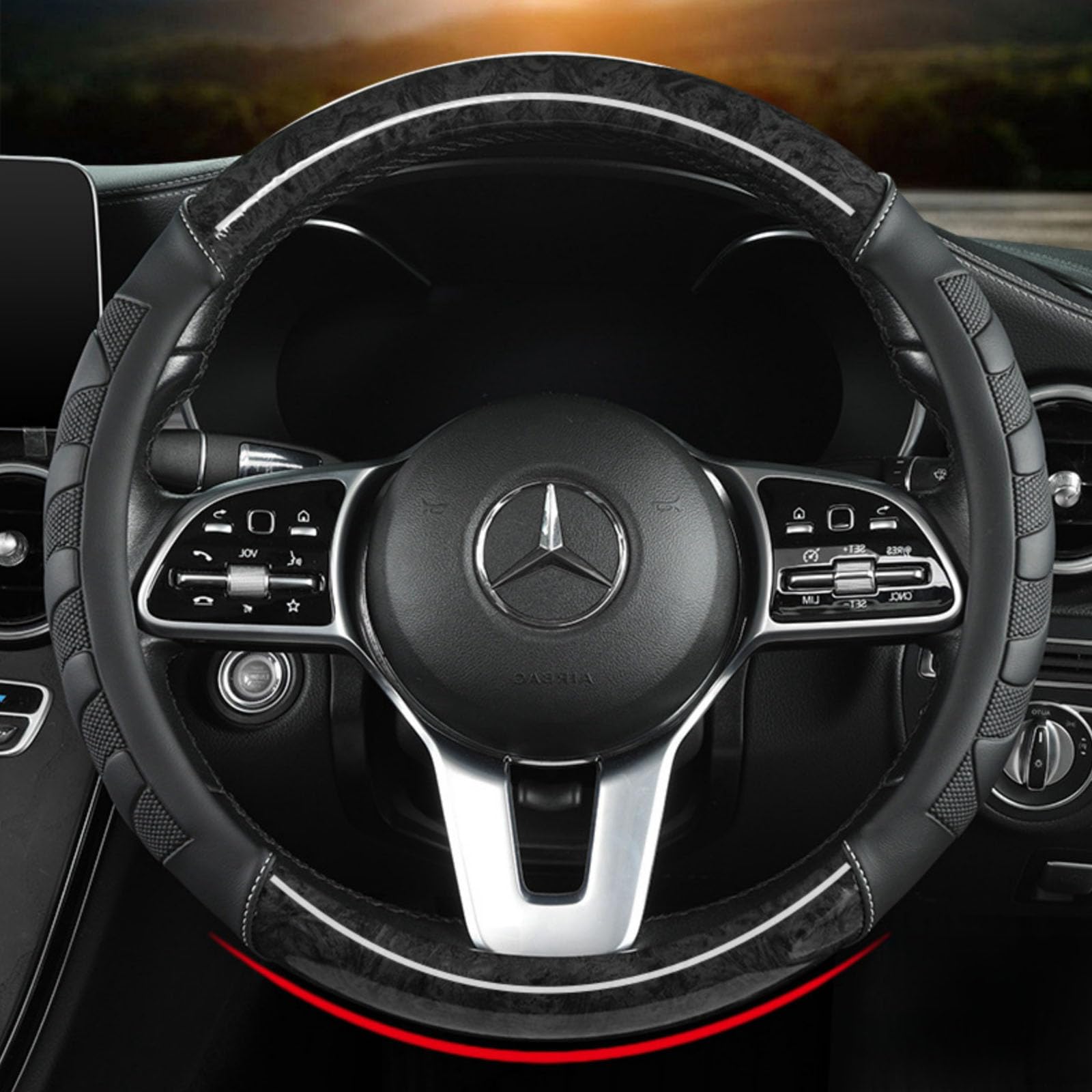 Amazon | TATACLEA ハンドルカバー 木目 本革 軽自動車O型38CM 滑り止め、吸汗性に優れ、オールシーズン対応 (ブラック) | ハンドルカバー | 車＆バイク