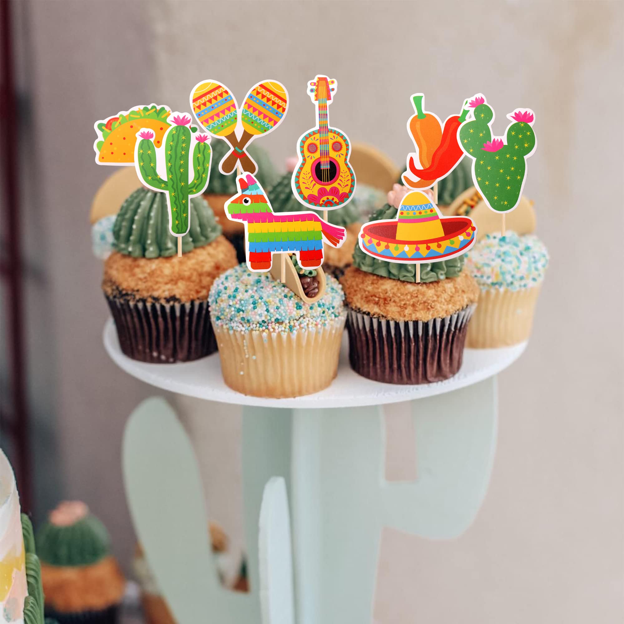 Snapklik.com : 32 PCS Mexican Fiesta Cupcake Toppers Assembled Cactus ...