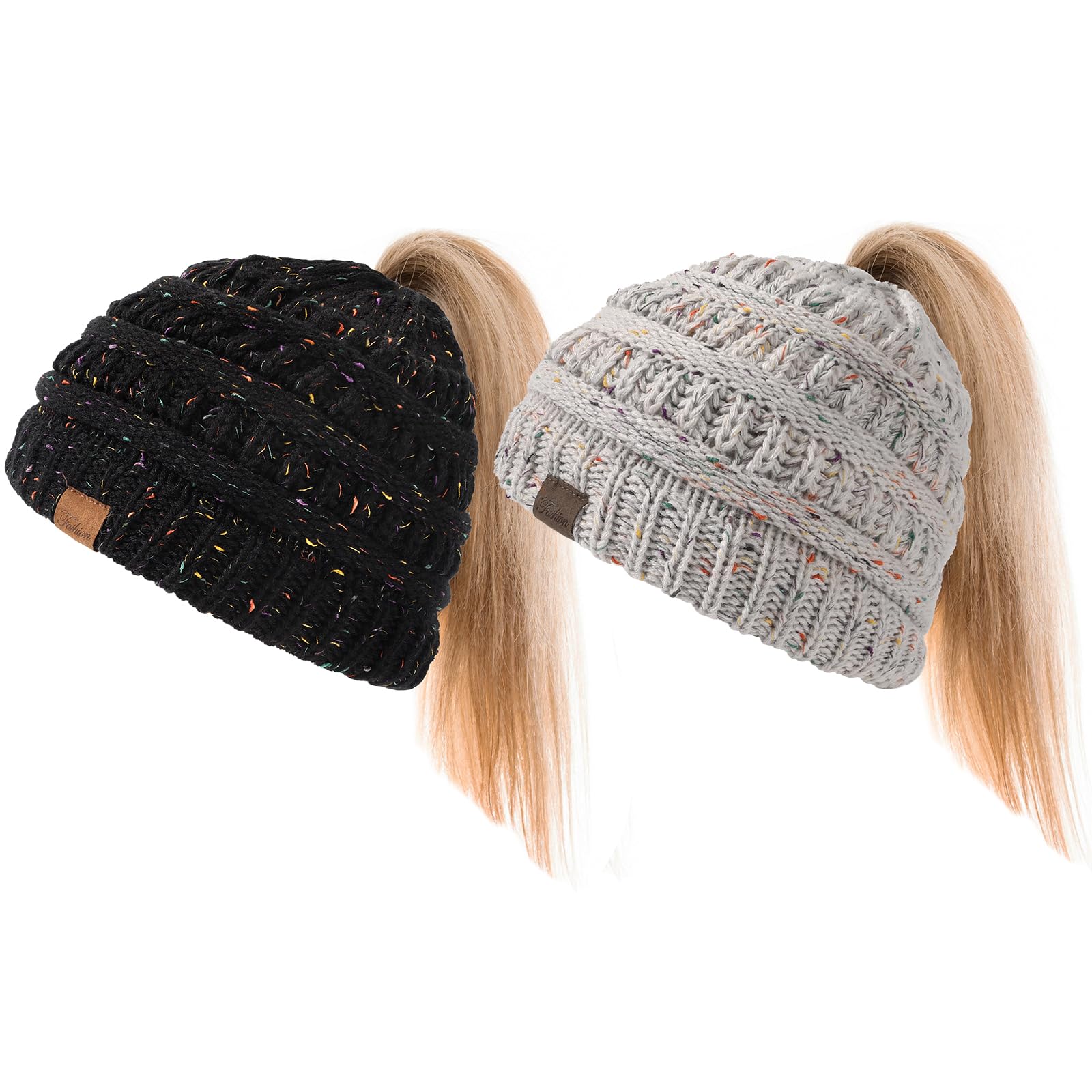 Winter Beanie Hats for Women, High Ponytail Hole Stretch Knit Messy Bun ...