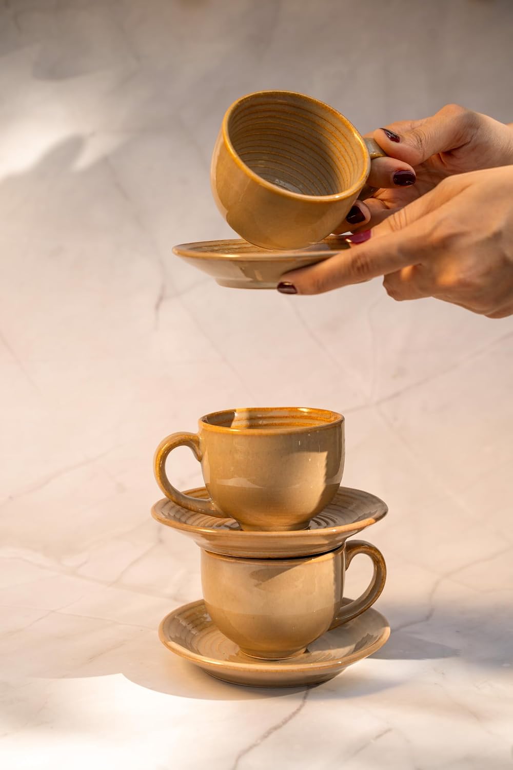 Buy Arte Casa Beige Bloom Tea Cup Saucer Set of 6| Ceramic Tea Cup and ...