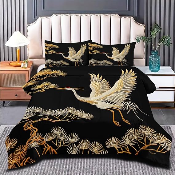 Amazon.com: CCoutueChen Japanese Style Comforter Set Queen Size Black Gold Pine and Crane ...