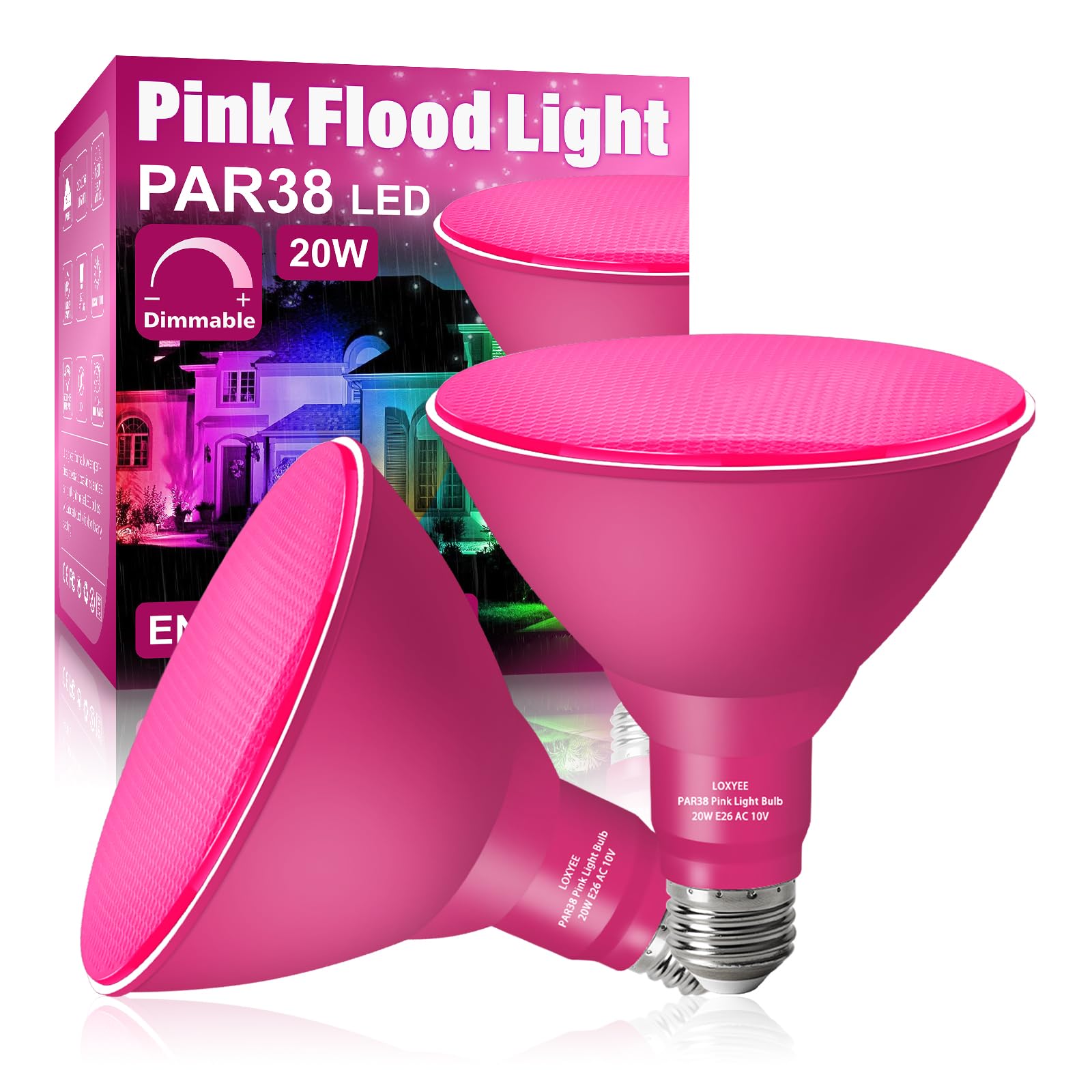 LOXYEE PAR38 Flood Pink Light Bulb,2 Pack-Dimmable,E26 Base Pink Flood ...
