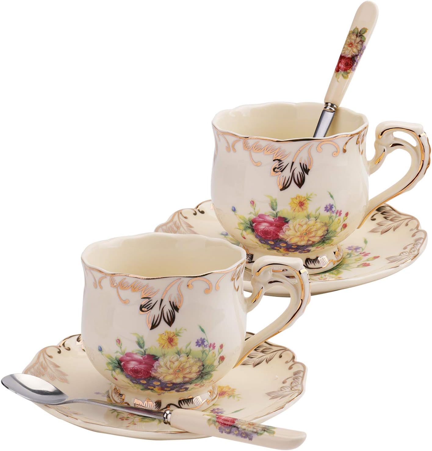 Amazon.com | Foraineam Set of 2 Tea Cup and Saucer, 8 oz. Flowering ...