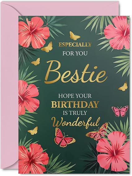 Gold Bestie Birthday Card - Butterflies & Flowers - Happy Birthday Card ...