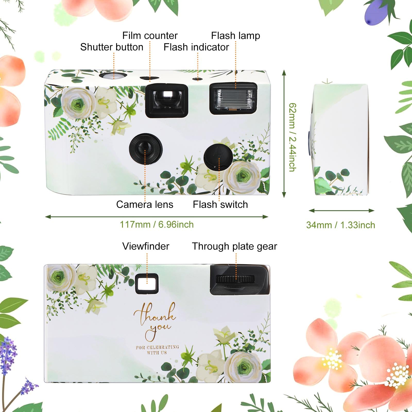 Snapklik.com : Kanayu 10 Pack Disposable Camera For Wedding Floral 35mm ...