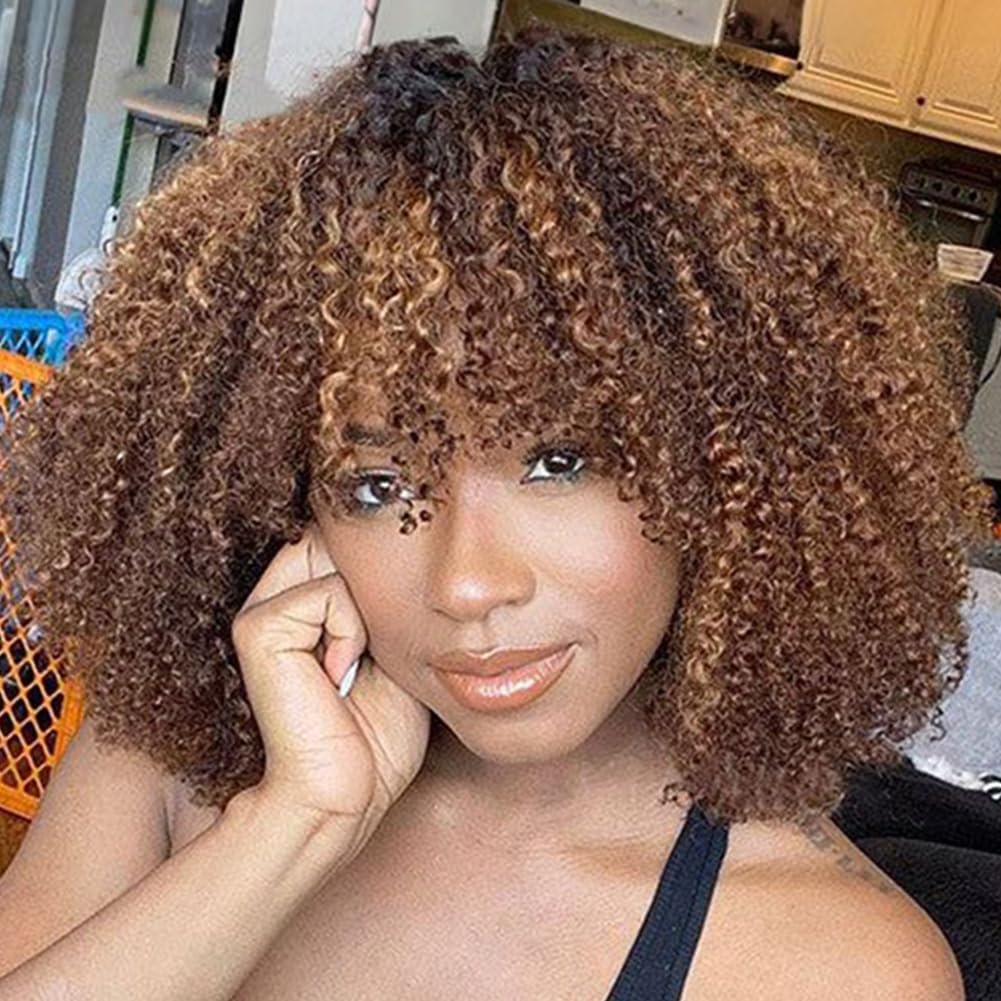 JOEDIR HAIR Short Kinky Curly Wig with Bangs Human Hair for Black Women ...