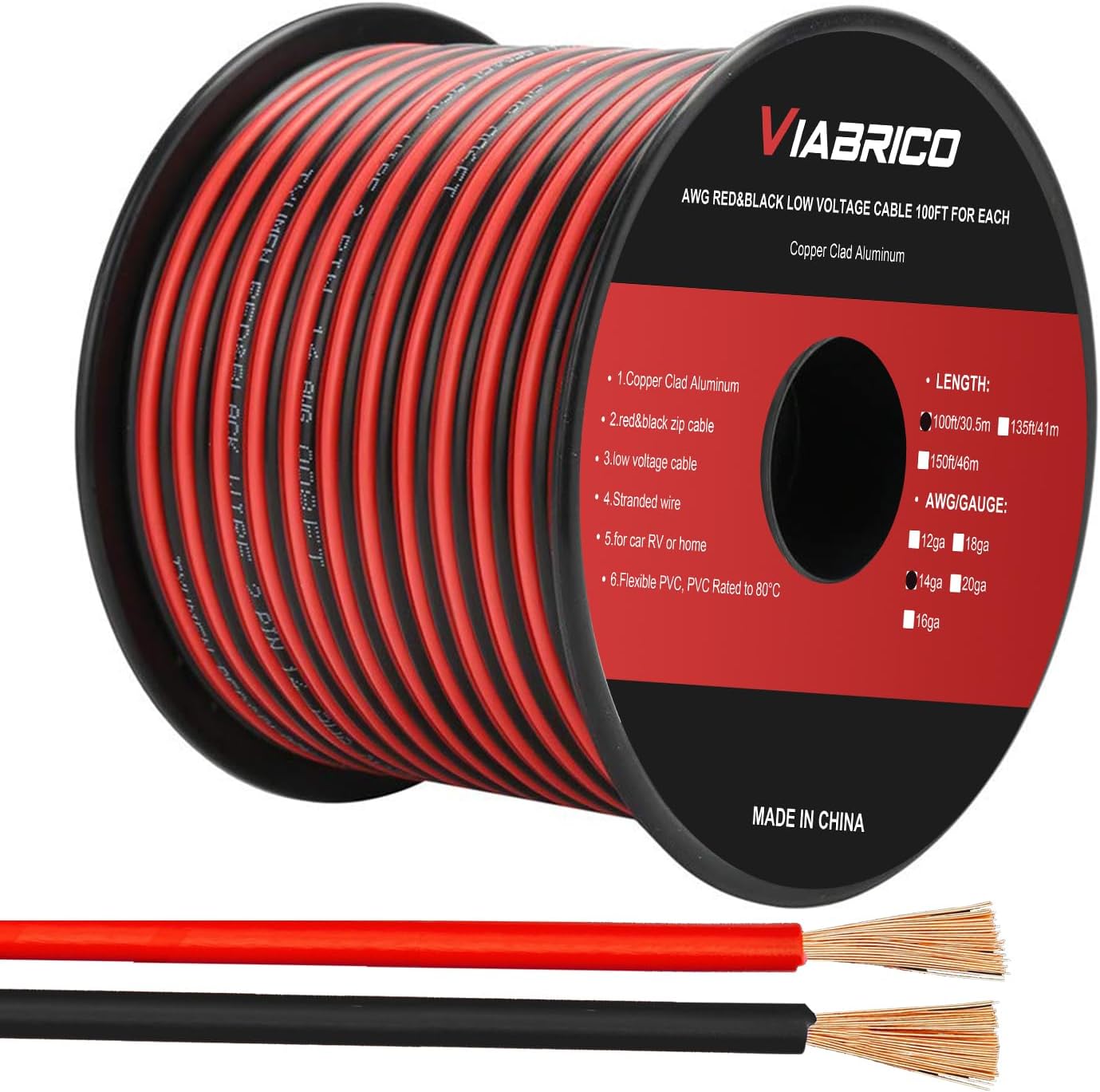 VIABRICO 14AWG 100FT Electrical Wire Cable 2 Conductors Red Black Cable ...