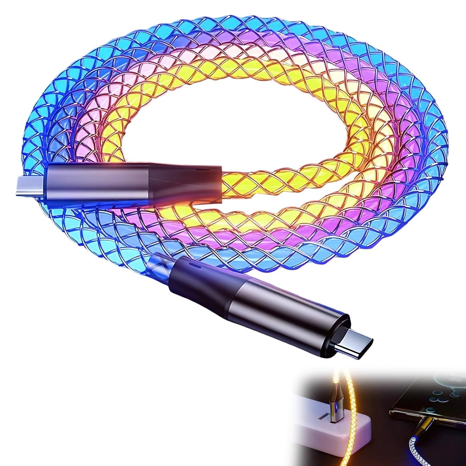 USB-C-Kabel, leuchtend, RGB auf USB C, 100 cm, Schnellladekabel PD 66 W ...