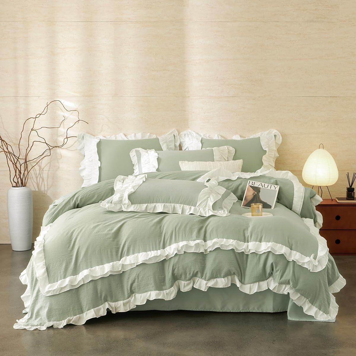 Amazon.com: SUSYBAO Blue Ruffle Duvet Cover King 100% Washed Cotton ...