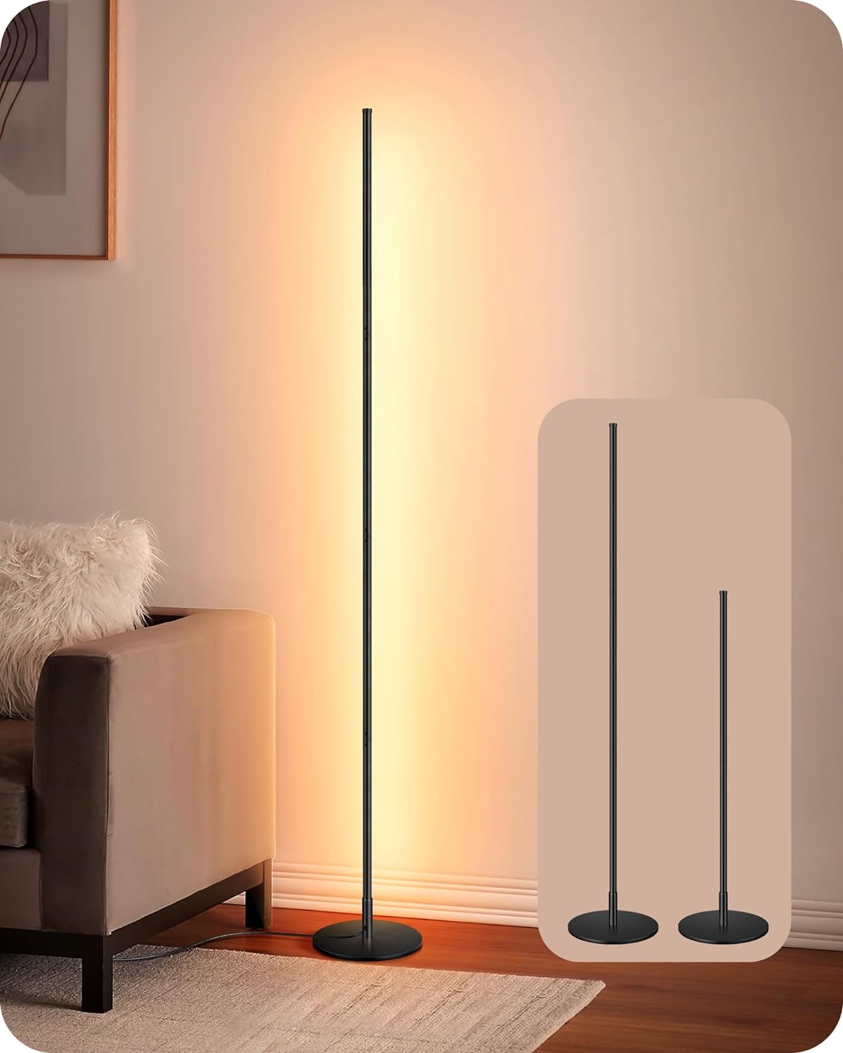 EDISHINE LED Corner Floor Lamp, 57.5" Minimalist Dimmable Sleek Light ...