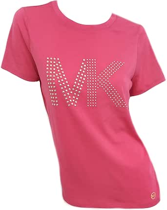 Michael Kors Womens Electric Pink/Gold MK Studded Logo T Shirt (Pink ...