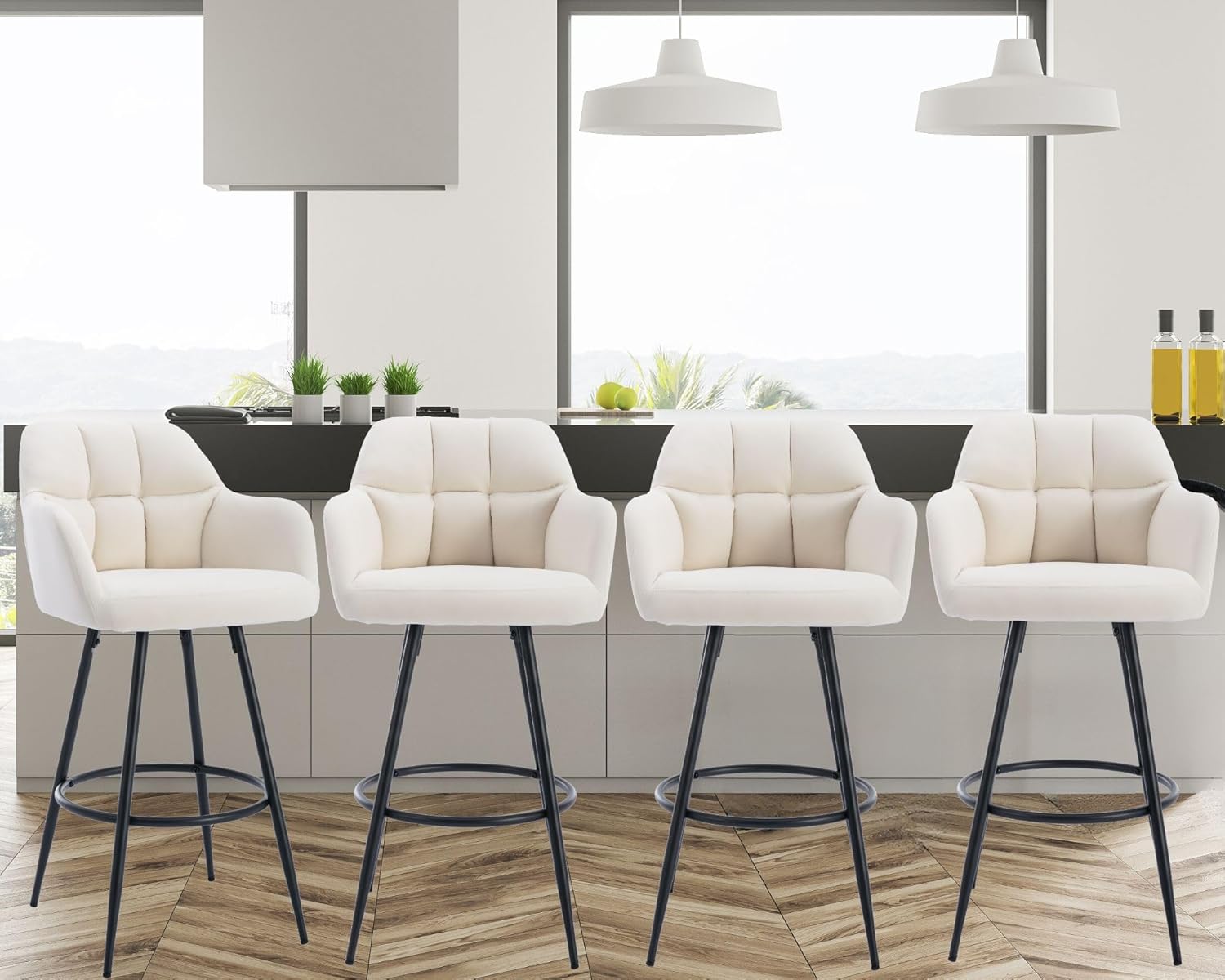 Amazon.com: HNY Counter Height Beige Velvet Bar Stools Set of 4, Modern ...