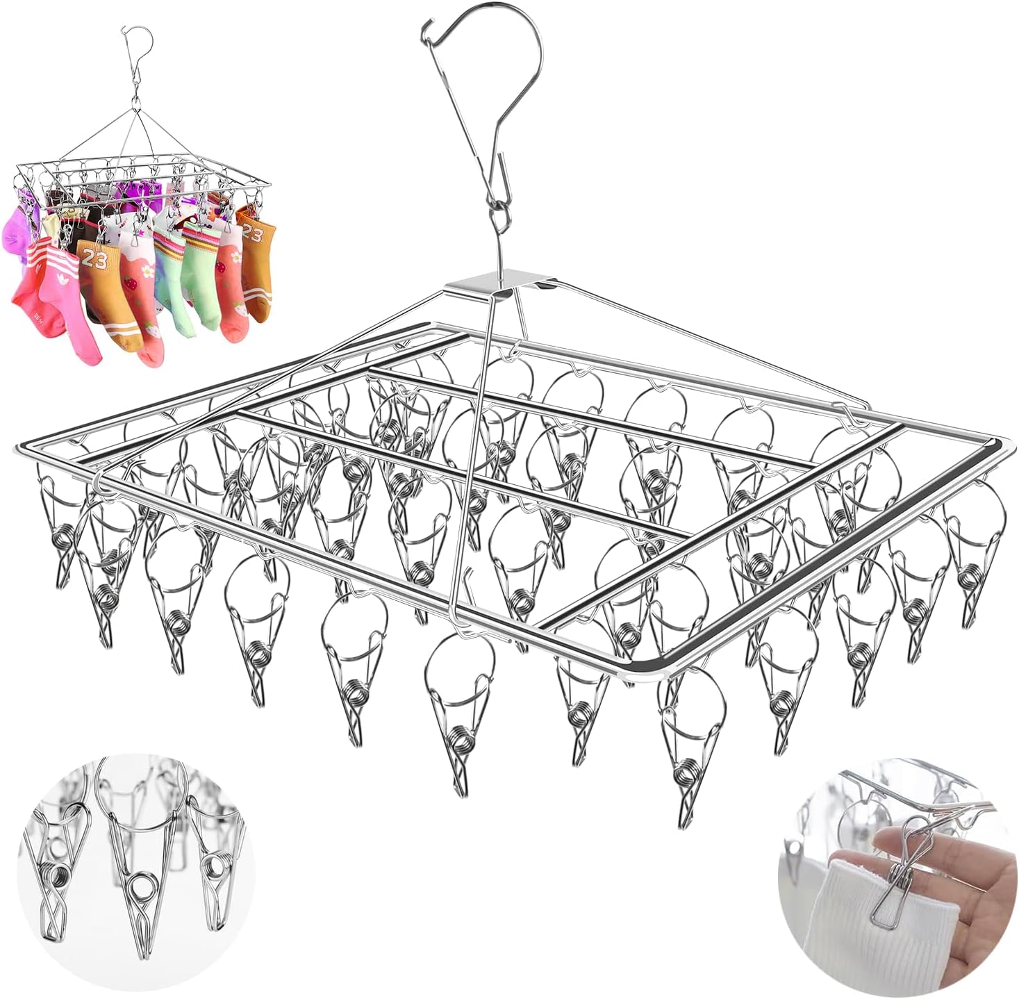 FXDM Metal Sock Hanger, Stainless Steel Drying Rack with 40pcs Pegs and ...
