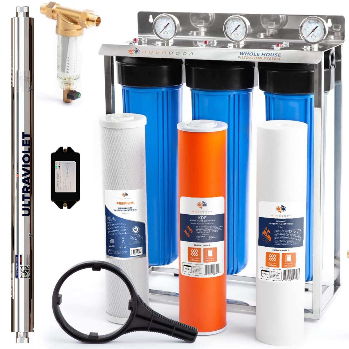 Aquaboon 20" 3 Stage Whole House Water Filtration System with Big ...