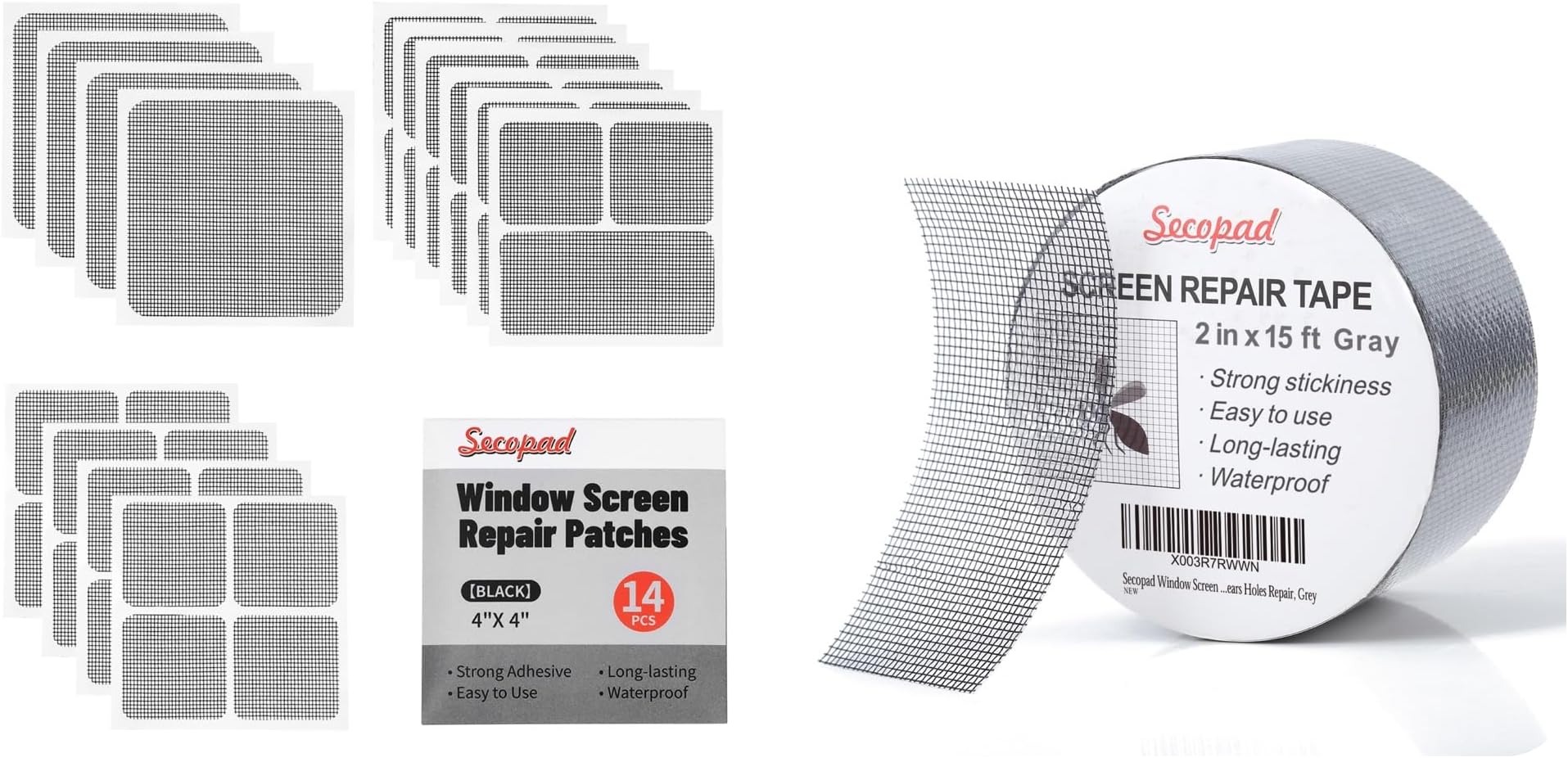 Secopad 14 Sheets 3 Sizes Black Window Screen Patches and 2 in X 15 FT ...