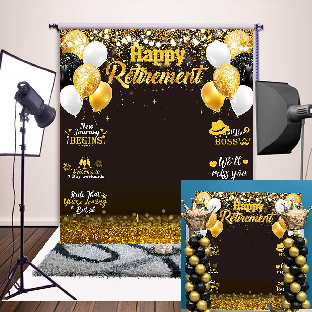 Snapklik.com : RUYI Black Gold Happy Retirement Backdrop 6x6.6FT We ...