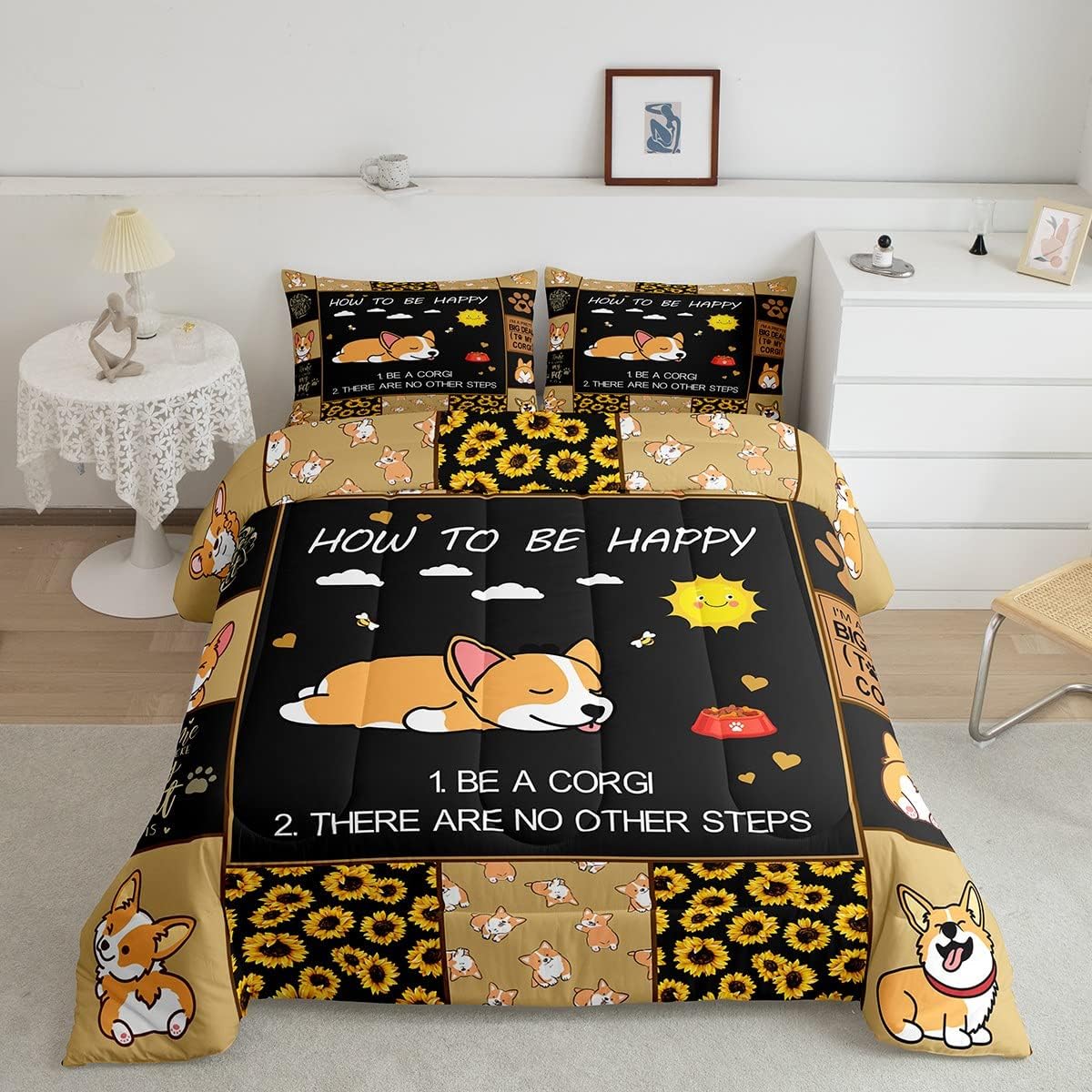Amazon.com: Smiling Corgi Dog Comforter Set Queen,Sunflower Sunshine ...
