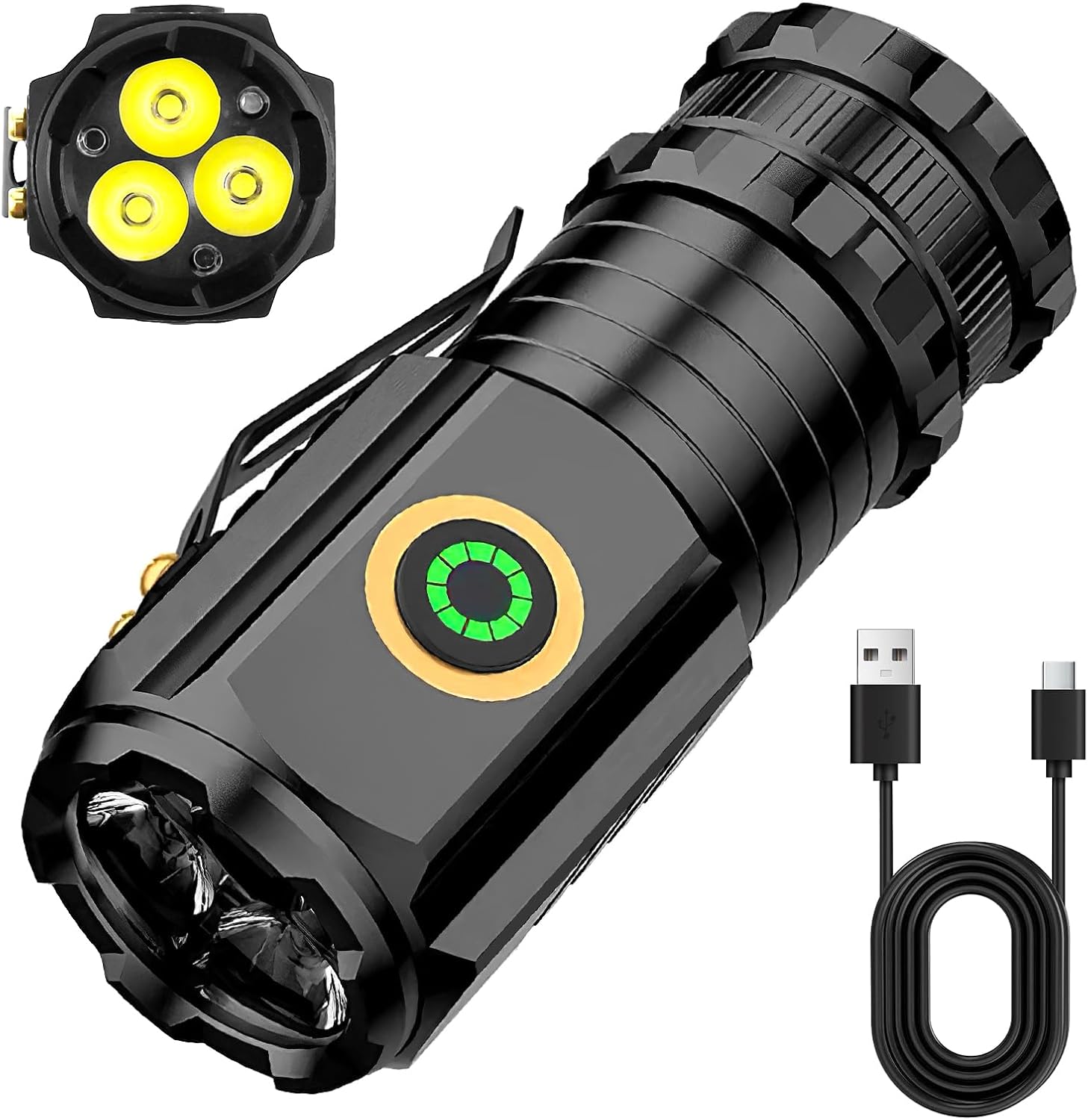 Small LED Torch TypeC Rechargeable Long Life 5000LM with 3LEDs and Tail ...