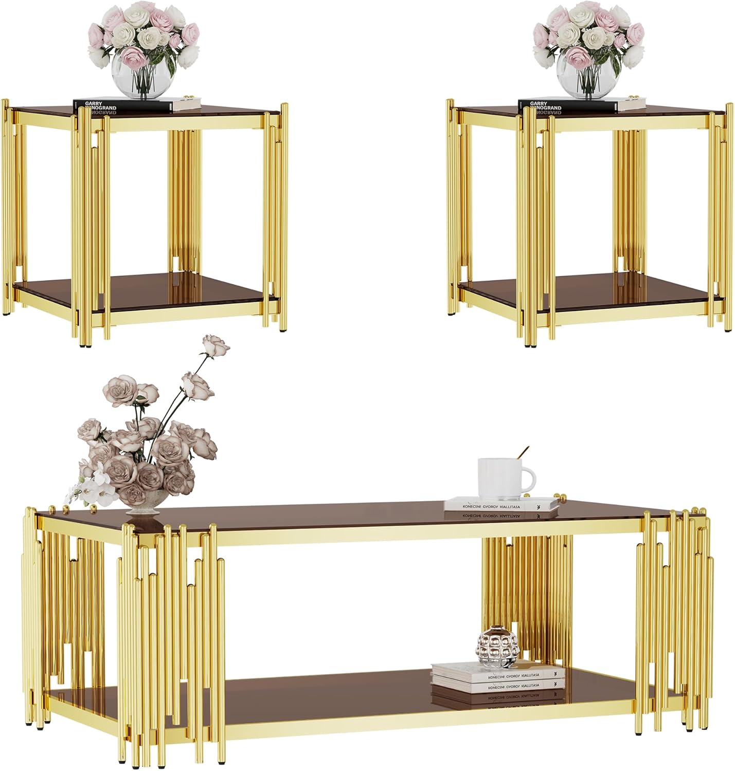 Amazon.com: 43" Luxury Gold Coffee Table Set of 3 with Brown Glass Top ...