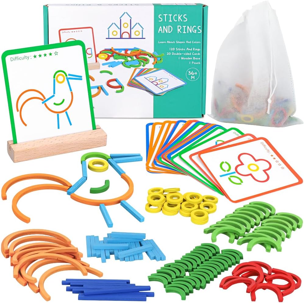Oxsaytee Wooden Creative Stem Sticks & Rings Toys for Kids 3 ...