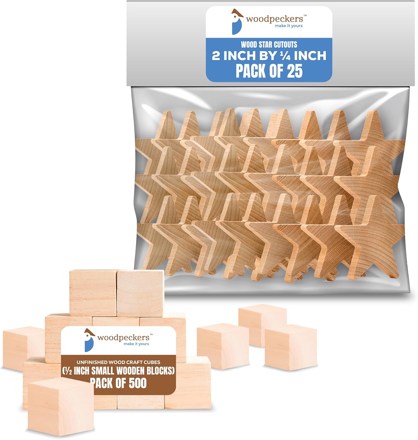 Amazon.com: Wooden Blocks 1/2 inch, Pack of 500 and Wood Star Cutouts 2 ...