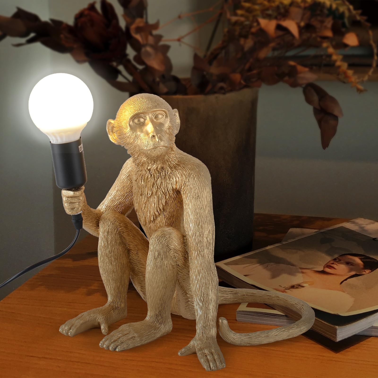Resin Hemp Rope Monkey Table Light Retro Edison Monkey Desk Resin ...