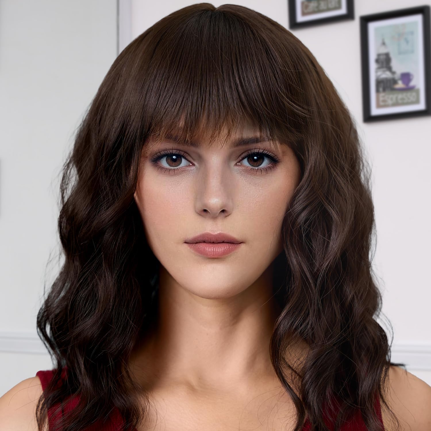 Amazon.com : KOME Brown Curly Bob Wig with Bangs Short Wavy Dark Brown Highlight Wigs for Women ...