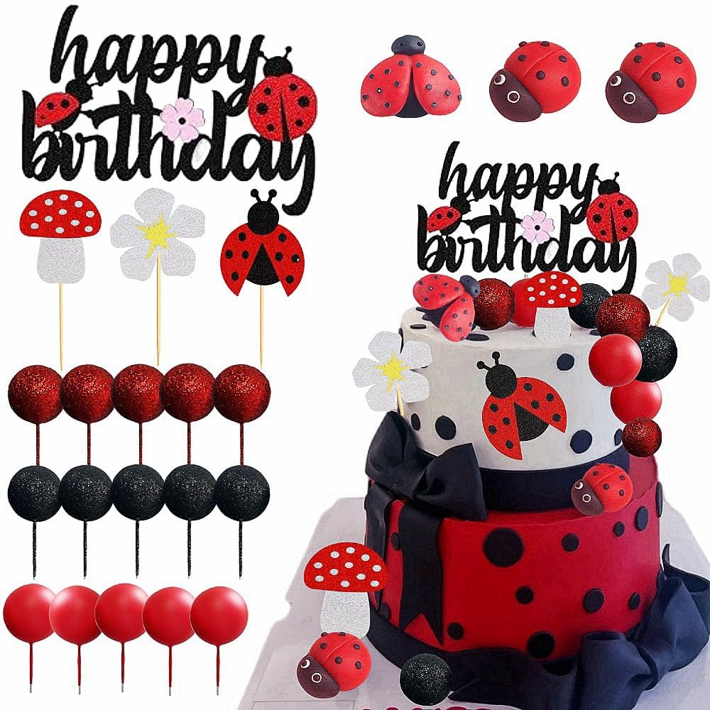 Amazon.com: 31 PCS Ladybug Cake Topper Red Black Ball Cake Decora Cake ...