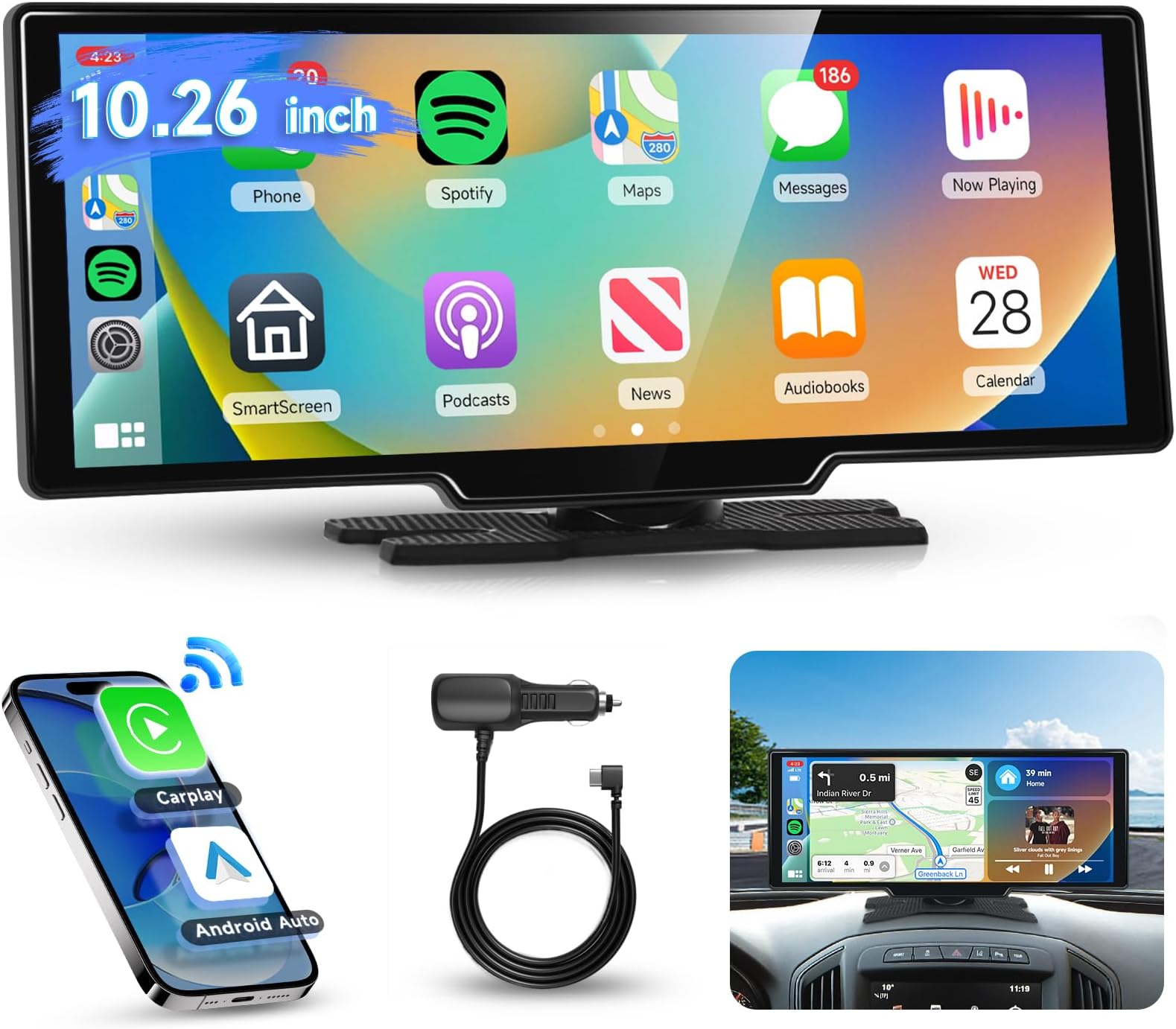 10.26 inch Carplay Screen for Car, Podofo Portable Android Auto Car ...