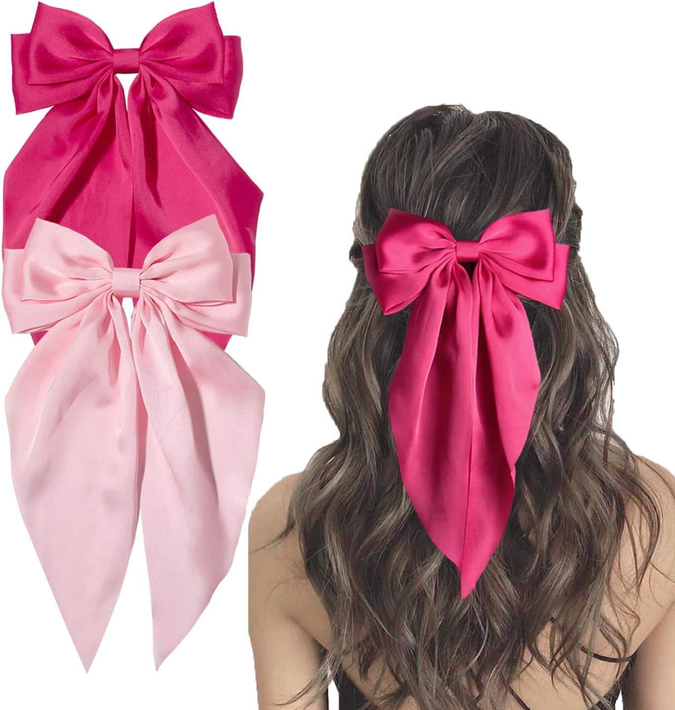Amazon.com : Large Pink Hair Bows, 4 Pack Satin Hair Ribbons Bow Hair ...