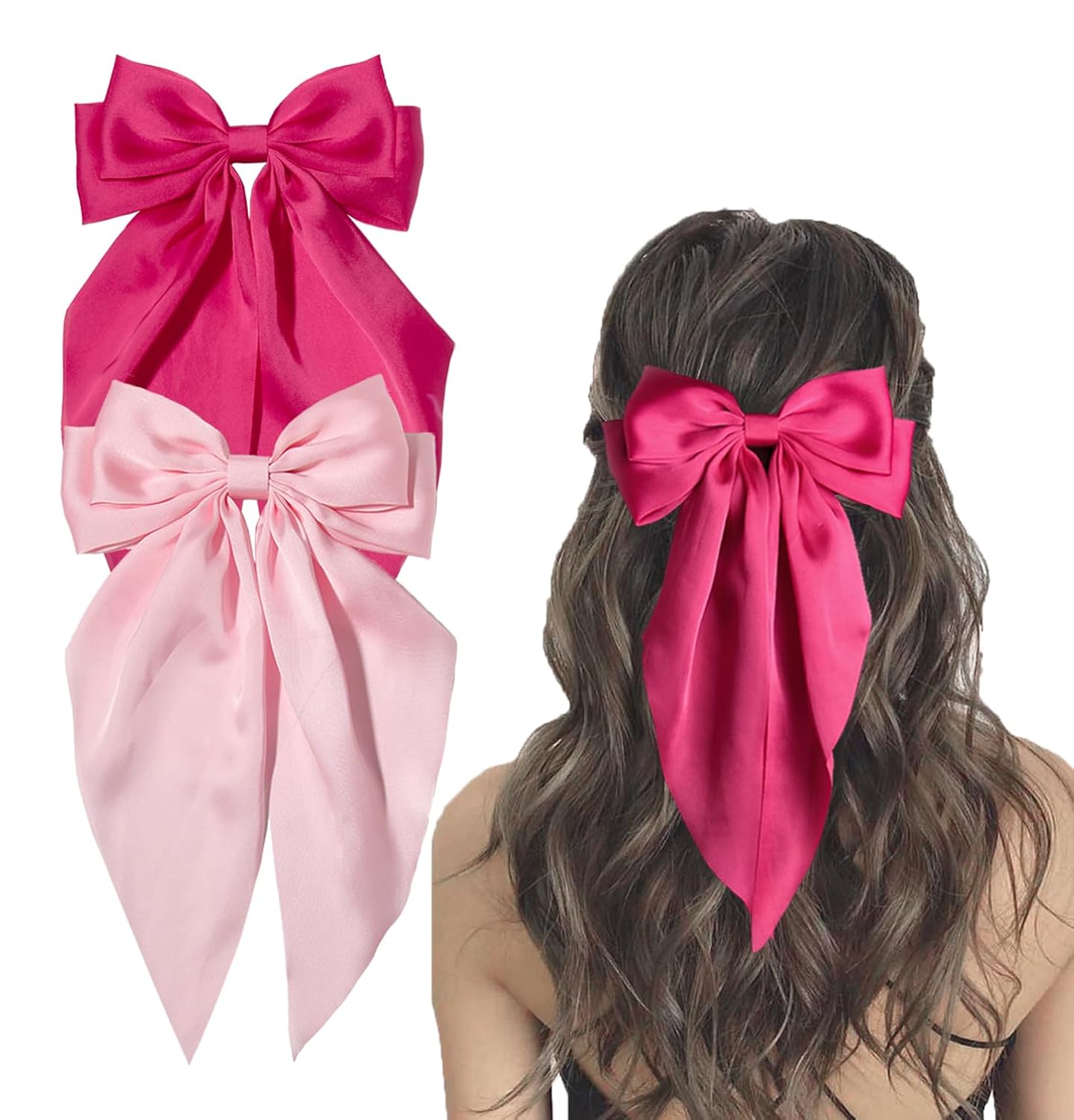 Amazon.com : Furling Pompoms Hair Bows Clip, Hot Pink Bow for Women's ...