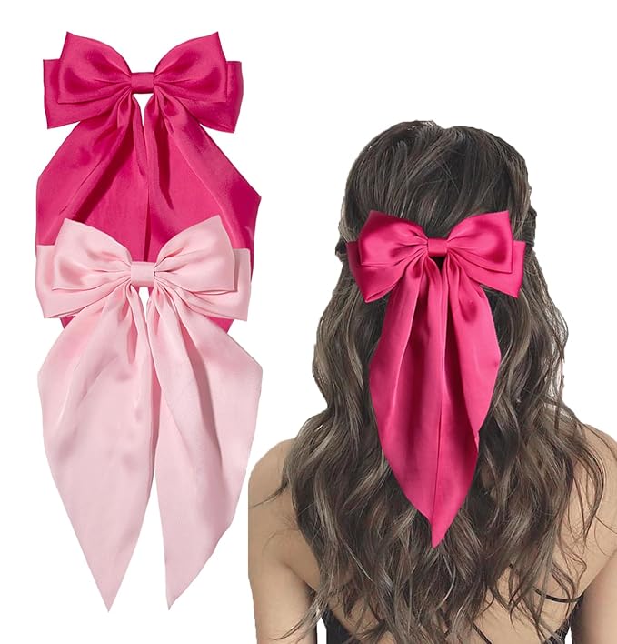 Amazon.com : Furling Pompoms Hair Bows Clip, Hot Pink Bow for Women's ...