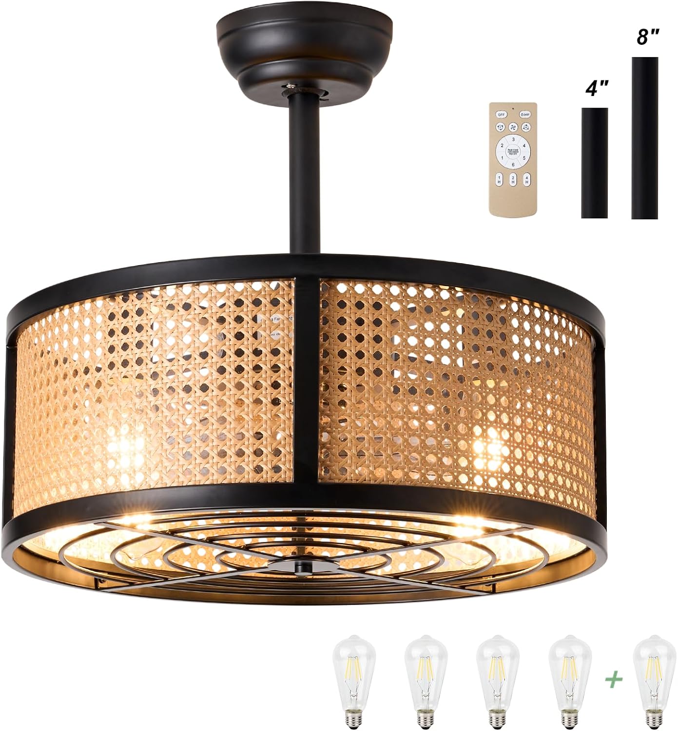 Amazon.com: HOMKEA Rattan Boho Ceiling Fan with Light Remote Control ...