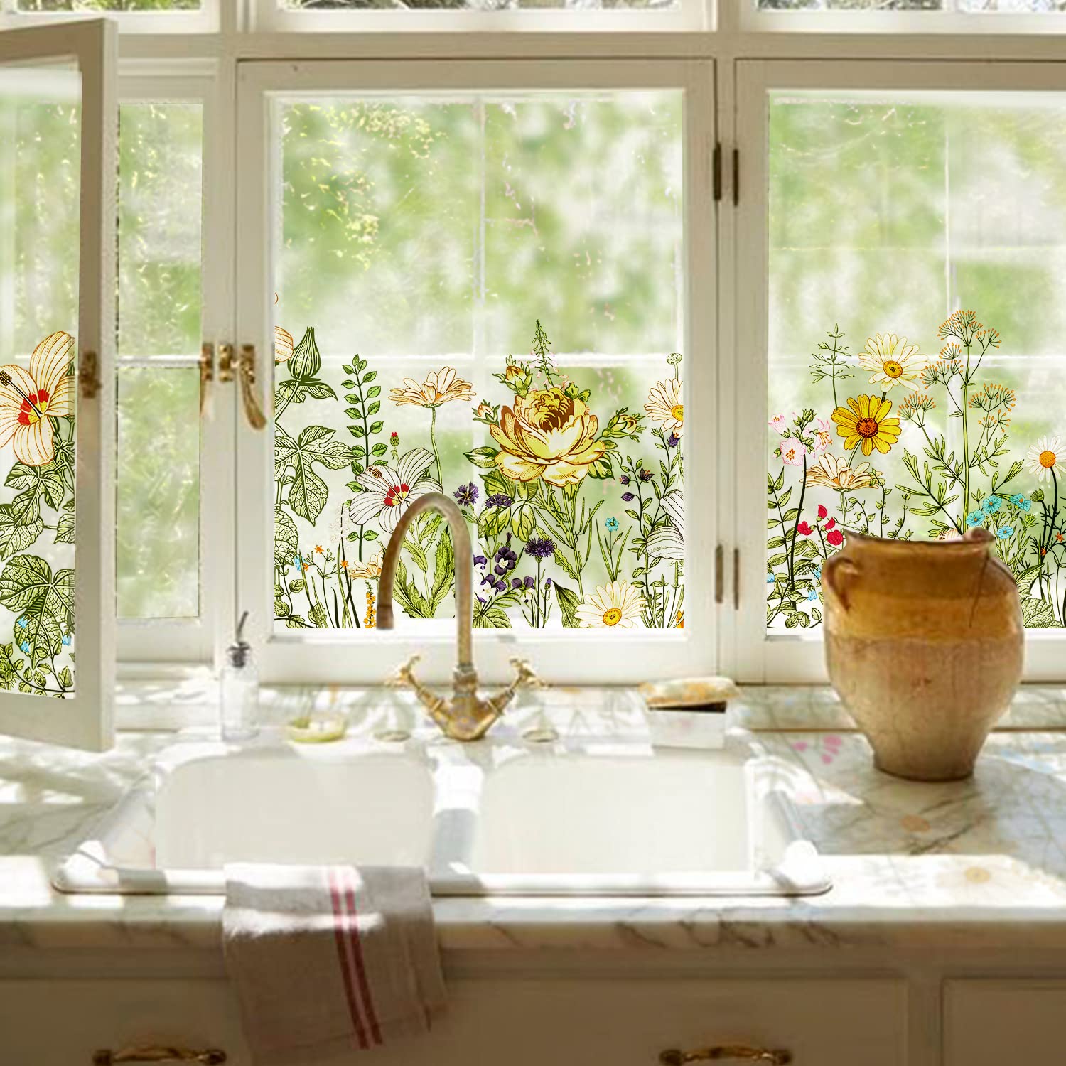 Amazon.com: Flortlias Watercolor Floral Window Sticker, Static Cling ...