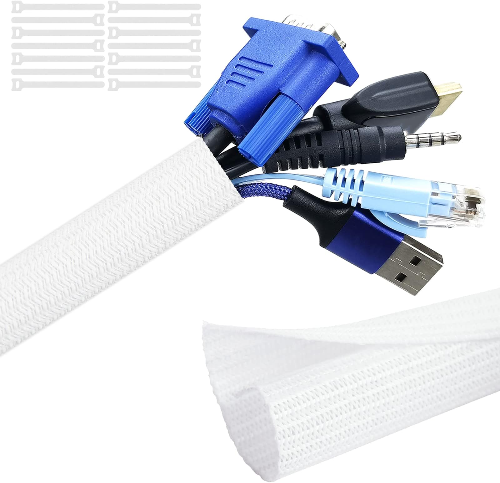 White Cable Sleeve, Cable Organizer for Desk PC TV Computer, Wire ...