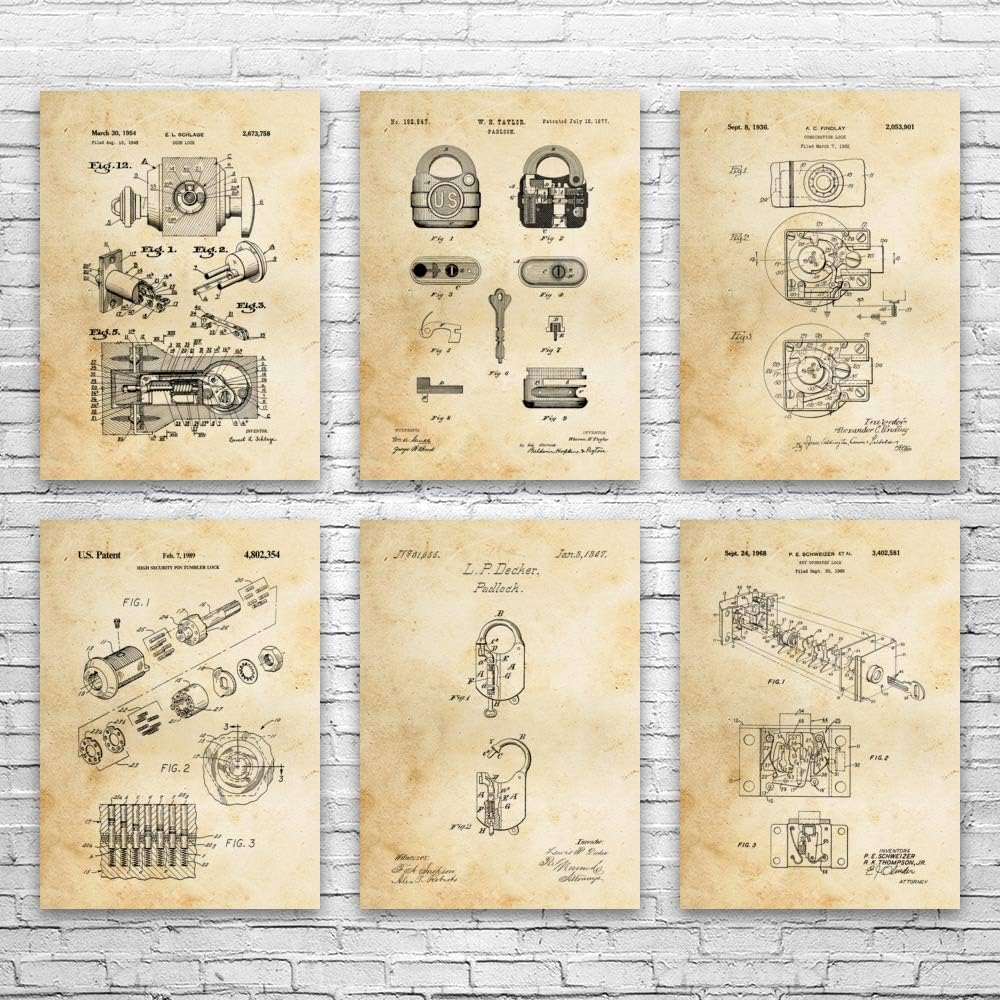 Amazon.com: Lock Patent Posters Set of 6 (11x17), Locksmith Gift, Lock ...