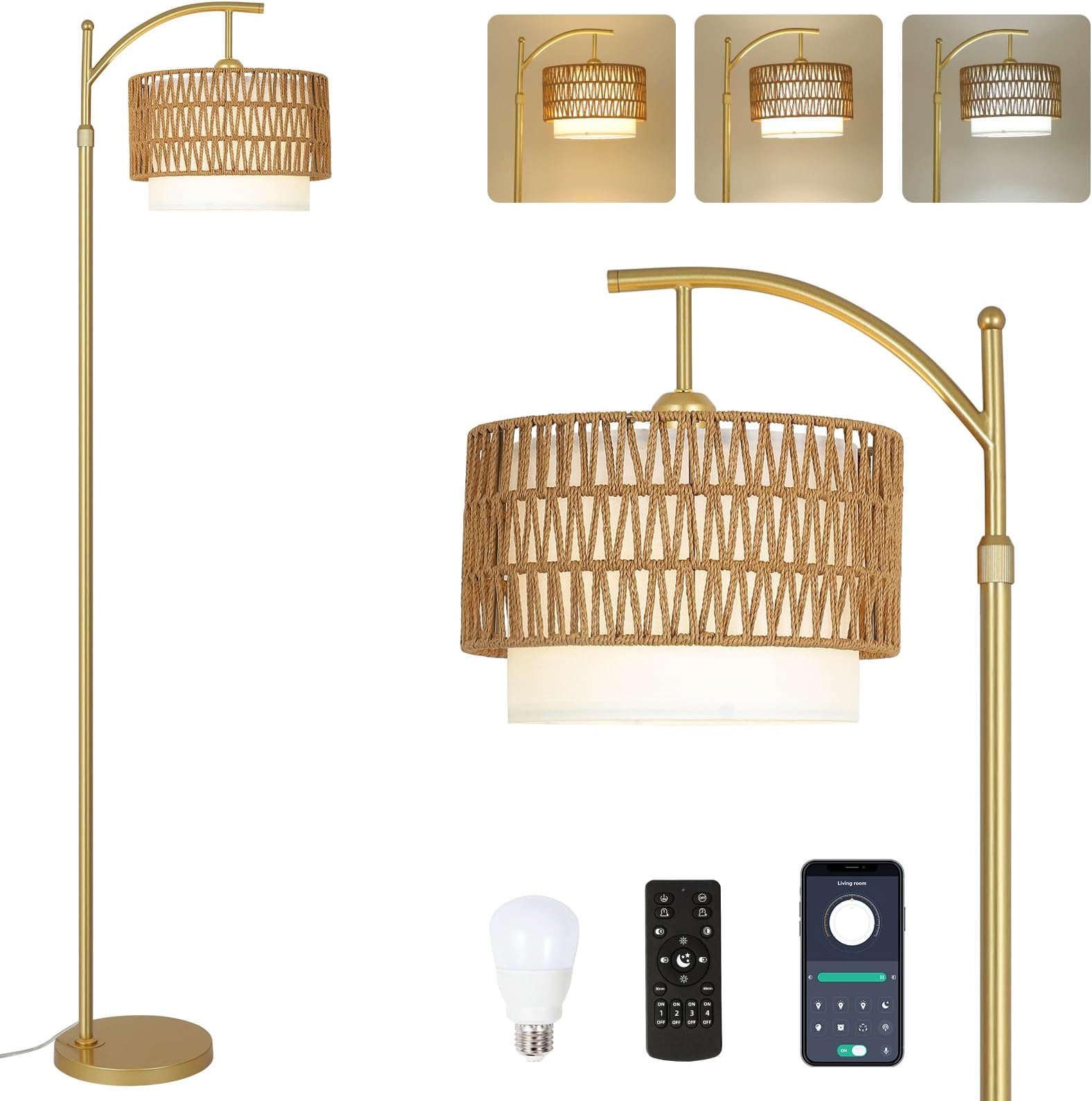 LAMSU Modern Gold Floor Lamps for Living Room, Boho Rattan Floor Lamp ...