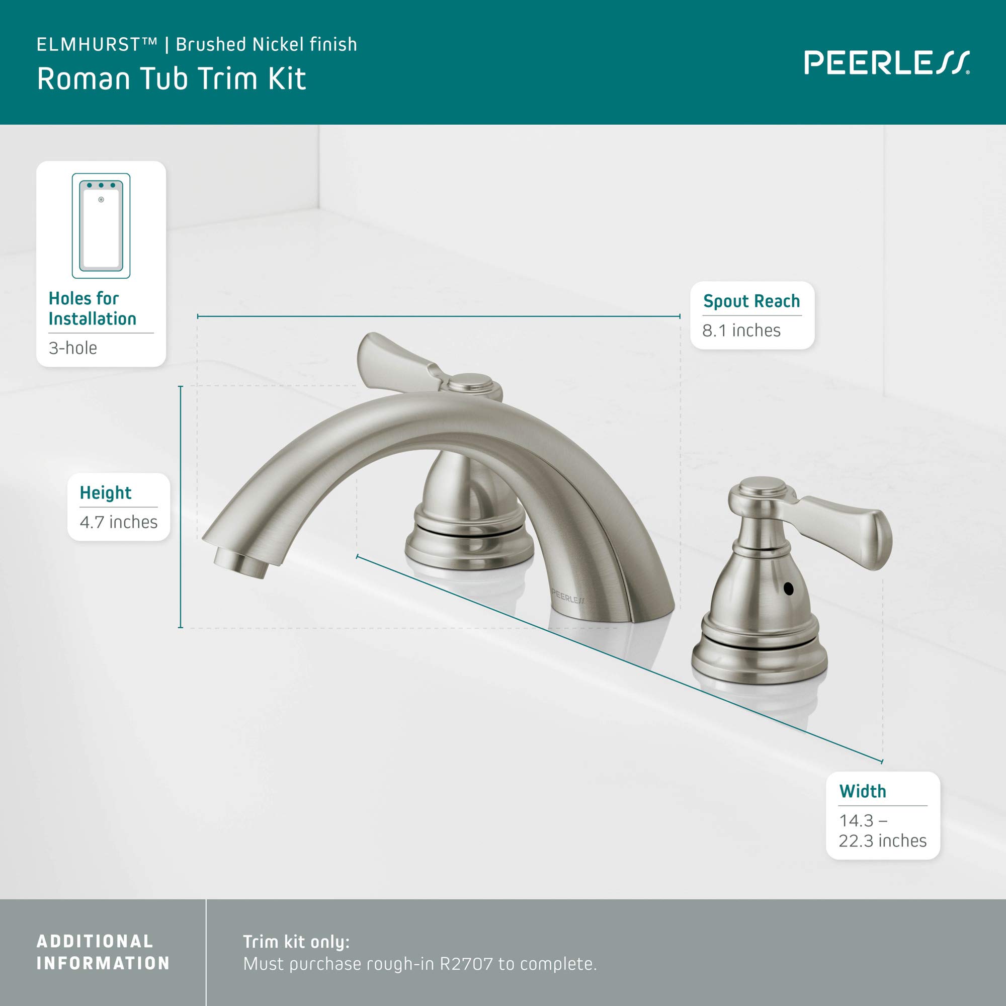 Peerless PTT4365-BN Elmhurst Trim kit Roman Tub, Brushed Nickel