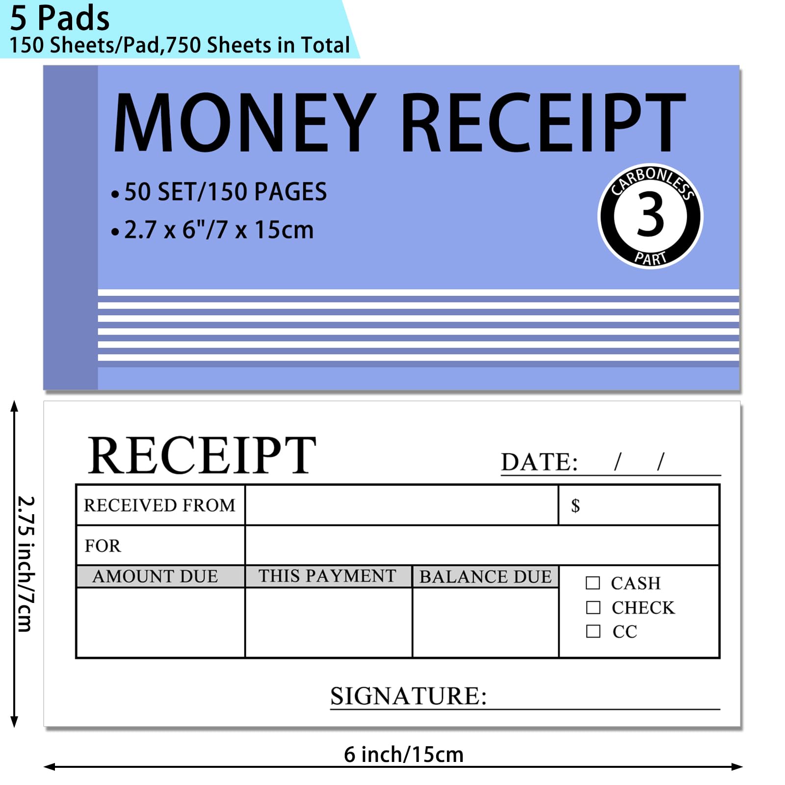 Snapklik.com : Money Receipt 5 Pack, 2.75x6 Inch Pocket Size Carbonless ...