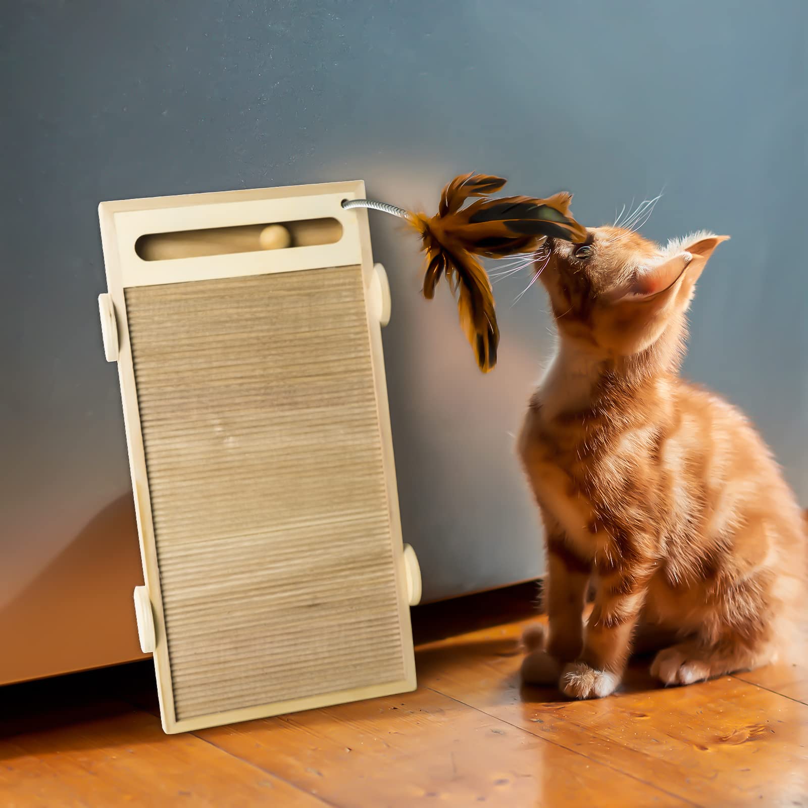 Cat Scratcher, Solid Wood Cat Scratch Pad with Ball and 3 Feathers Toy ...