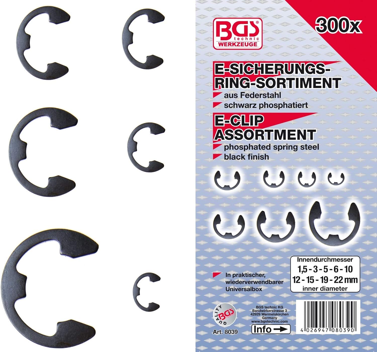 BGS 8039 | Metric E-Clip Assortment | 1.5 - 22 mm | 300 pcs. : Amazon ...