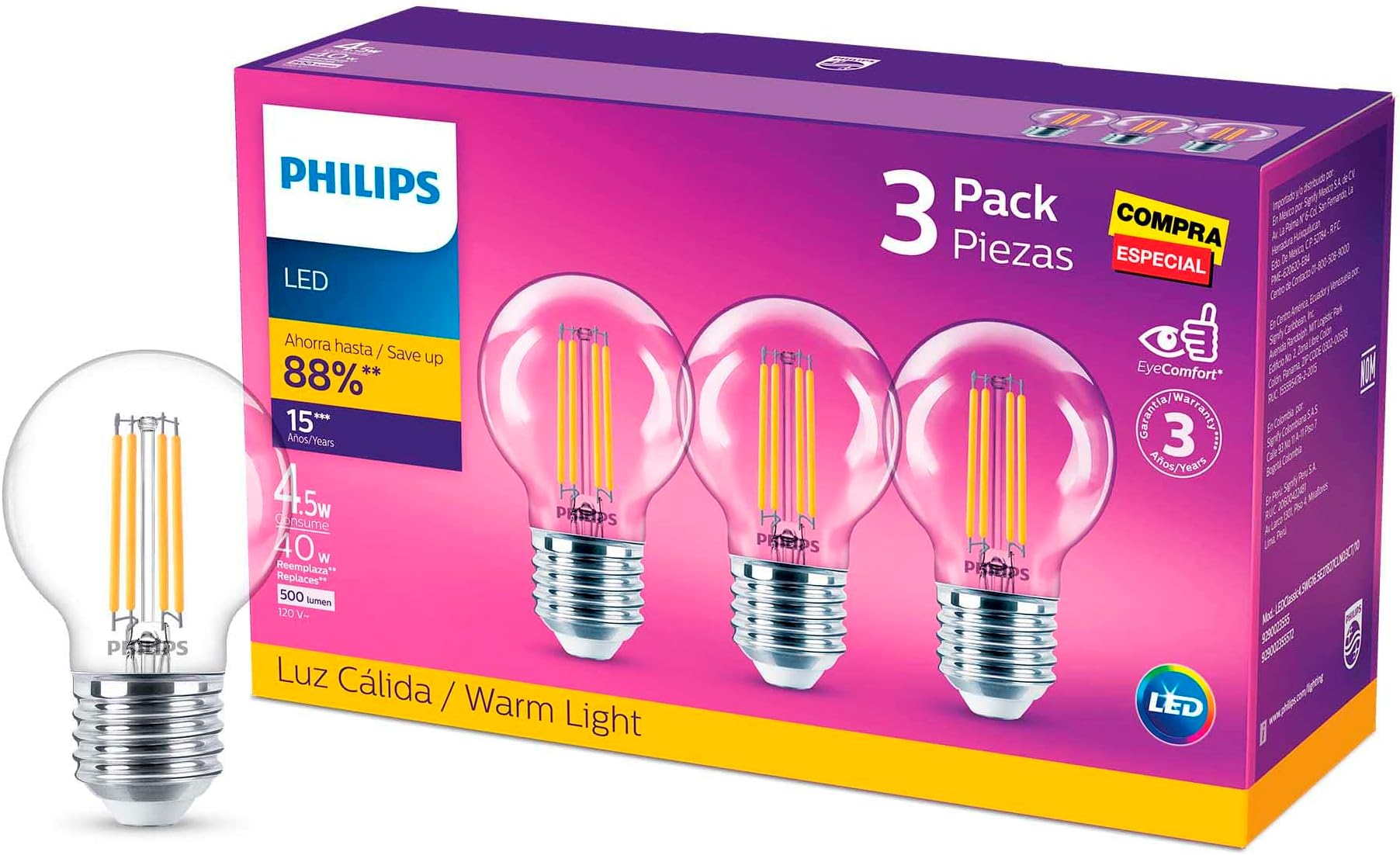 Philips LED 3 Focos Filamento G16.5 Luz Cálida : Amazon.com.mx: Hogar y ...